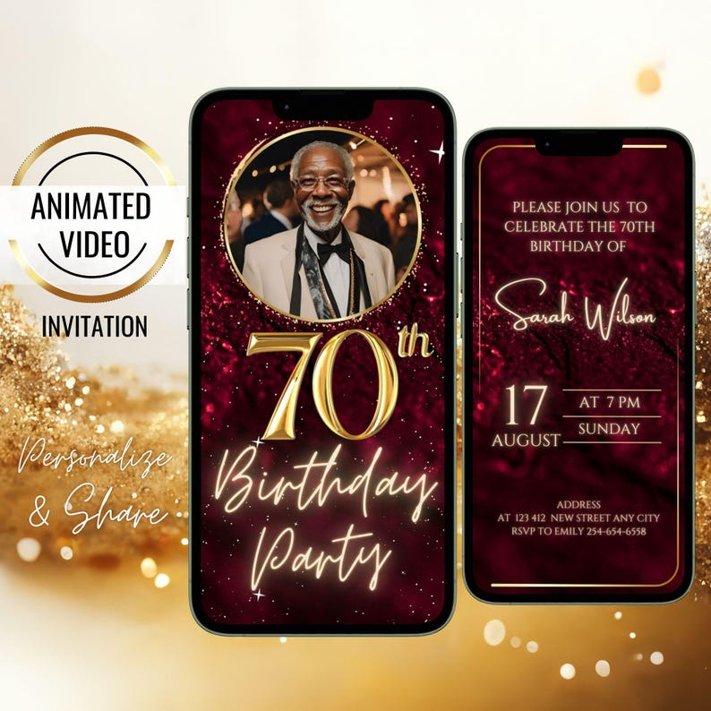 Animated Maroon Gold 70th Birthday Photo Invitation, Digital 70th ...