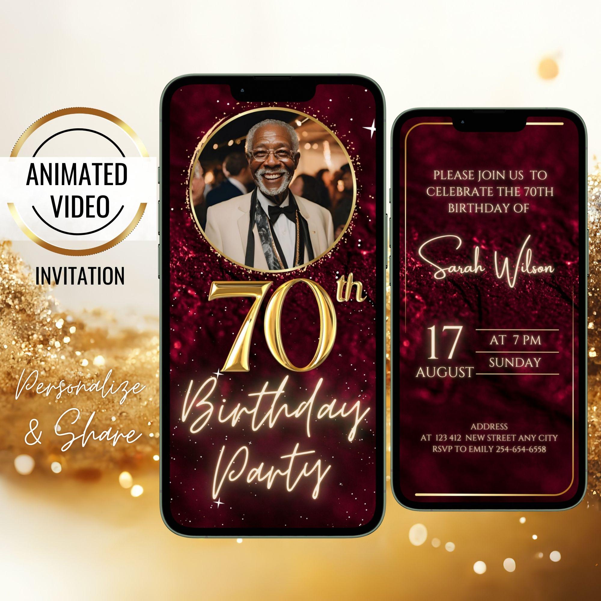 Animated Maroon Gold 70th Birthday Photo Invitation, Digital 70th ...