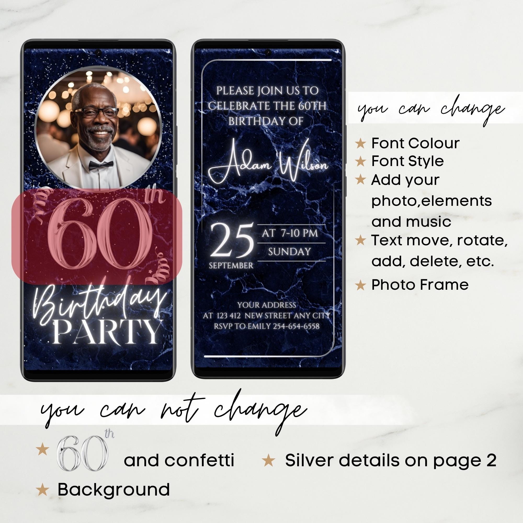Animated 60th Birthday Invitation, Navy Birthday Dinner Invite, Silver ...