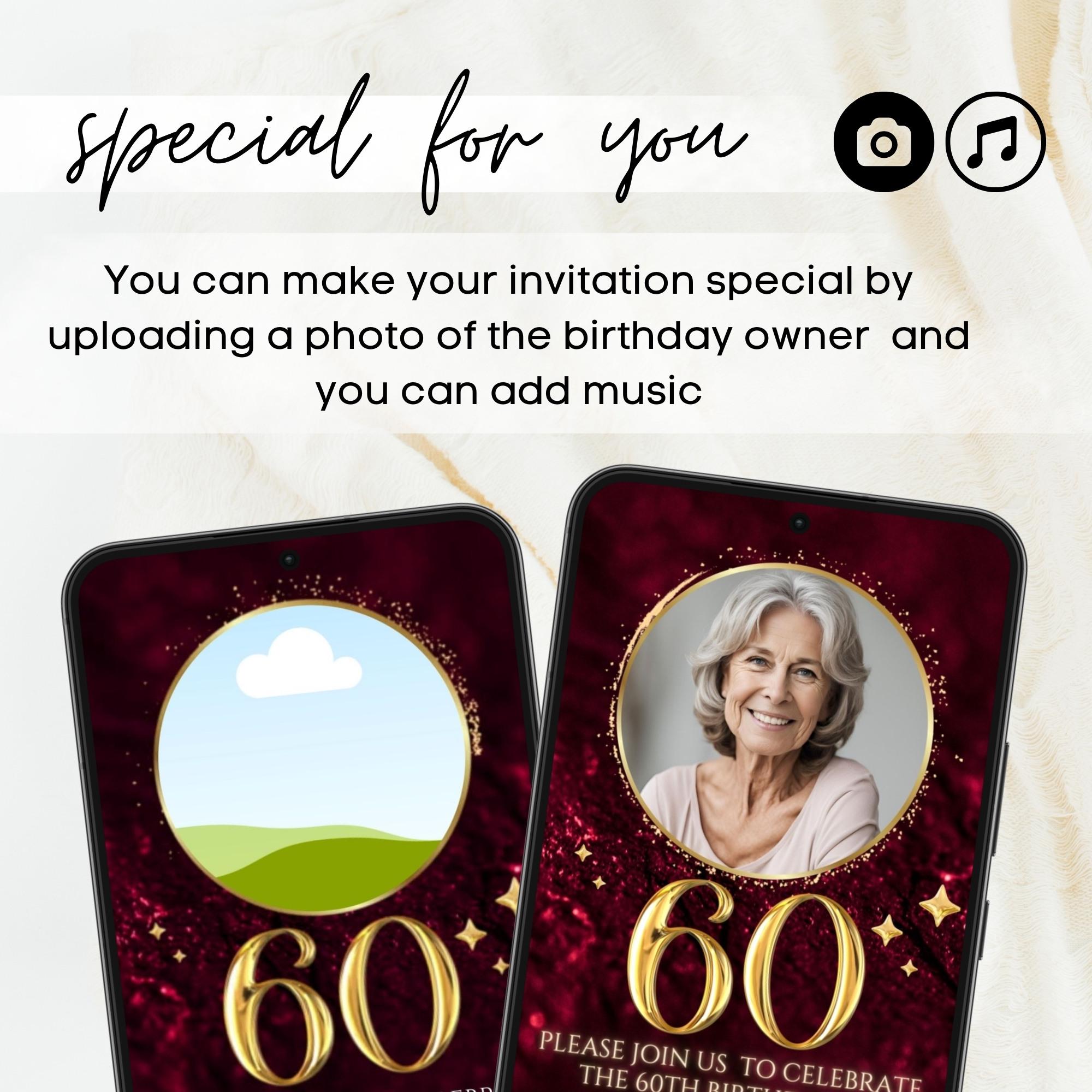 Maroon 60th Birthday Animated Photo Invitation, Digital Gold Birthday ...