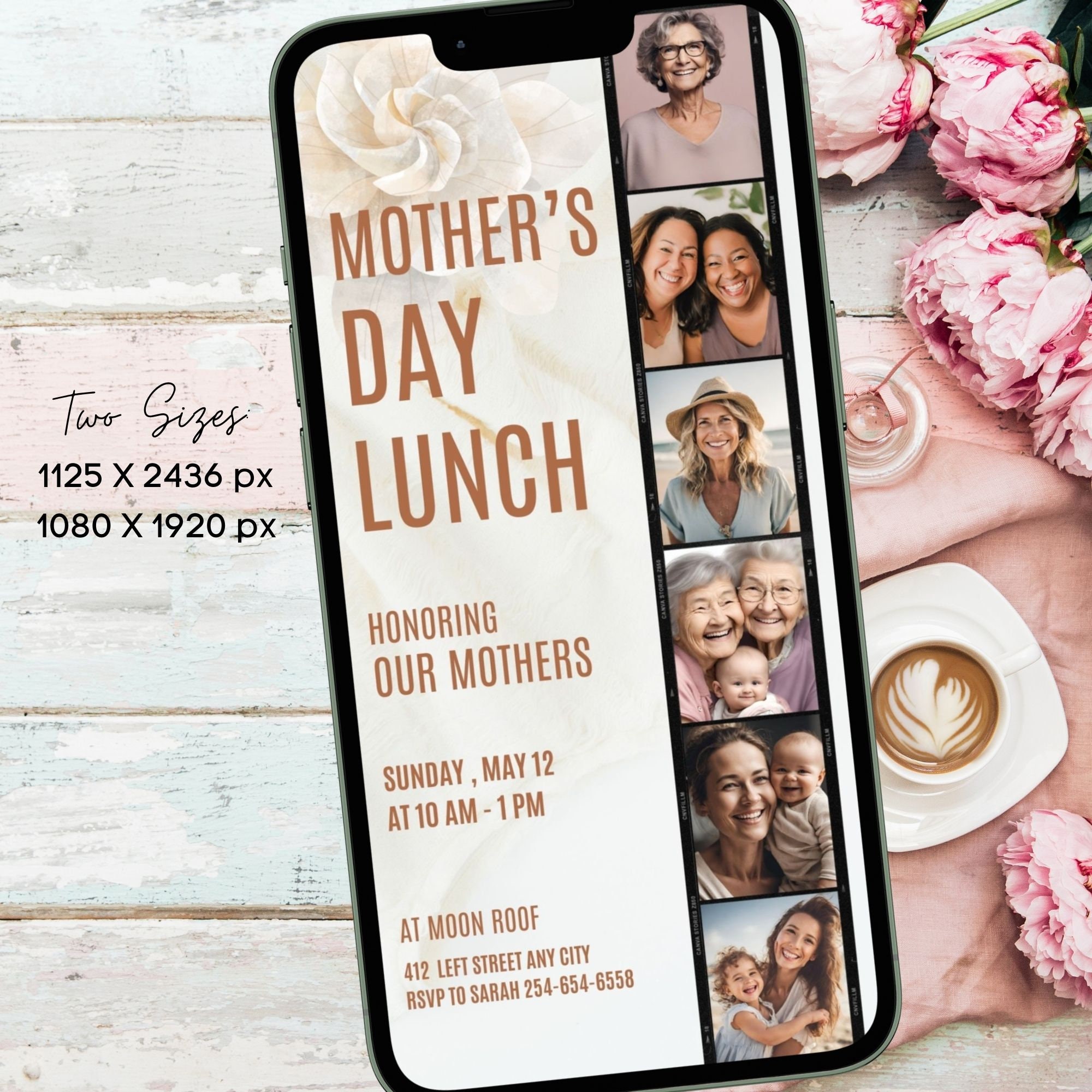 Animated Rose Mothers Day Lunch Photo Invitation, Digital Modern ...