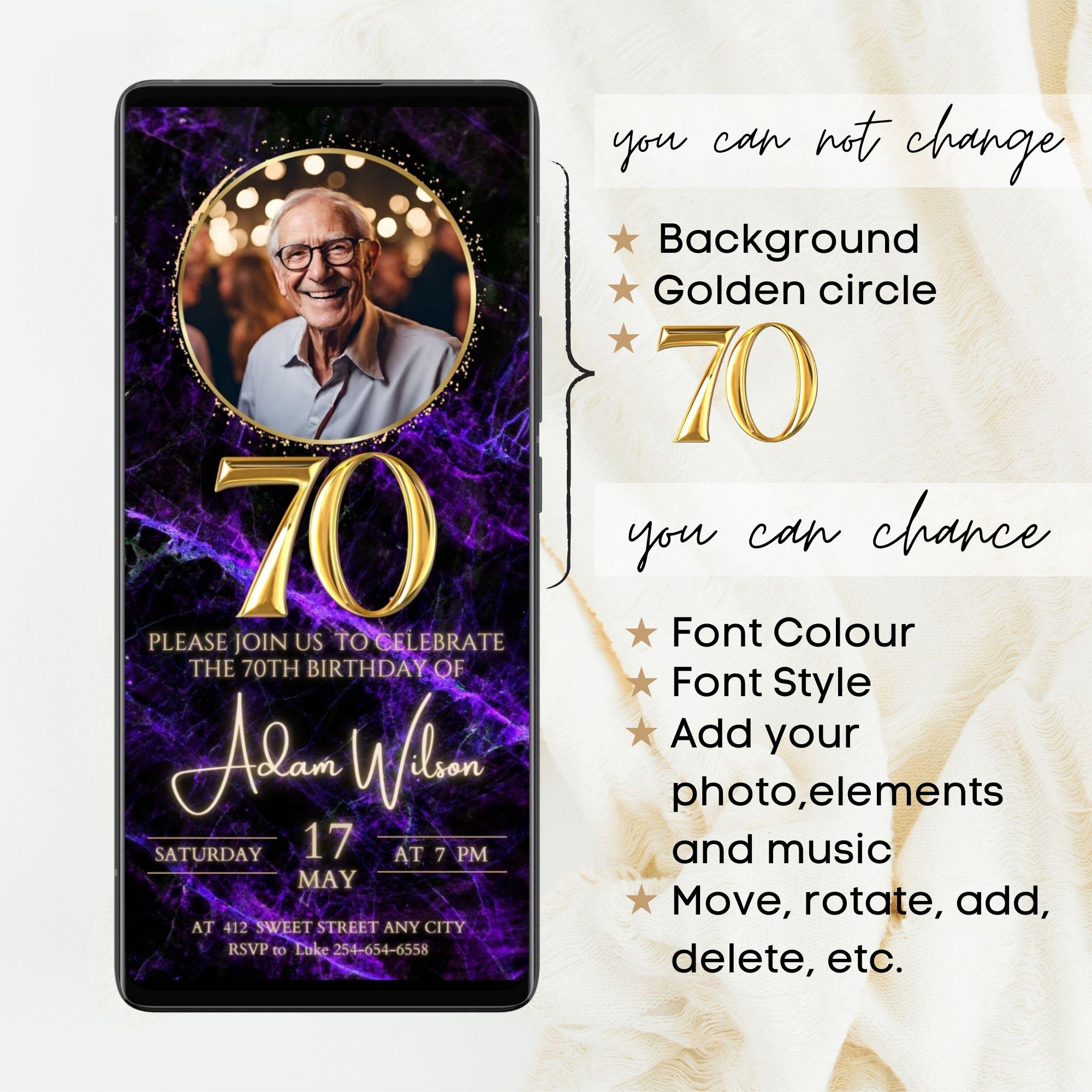 Animated Purple Gold 70th Birthday Photo Invitation, Digital 70th ...