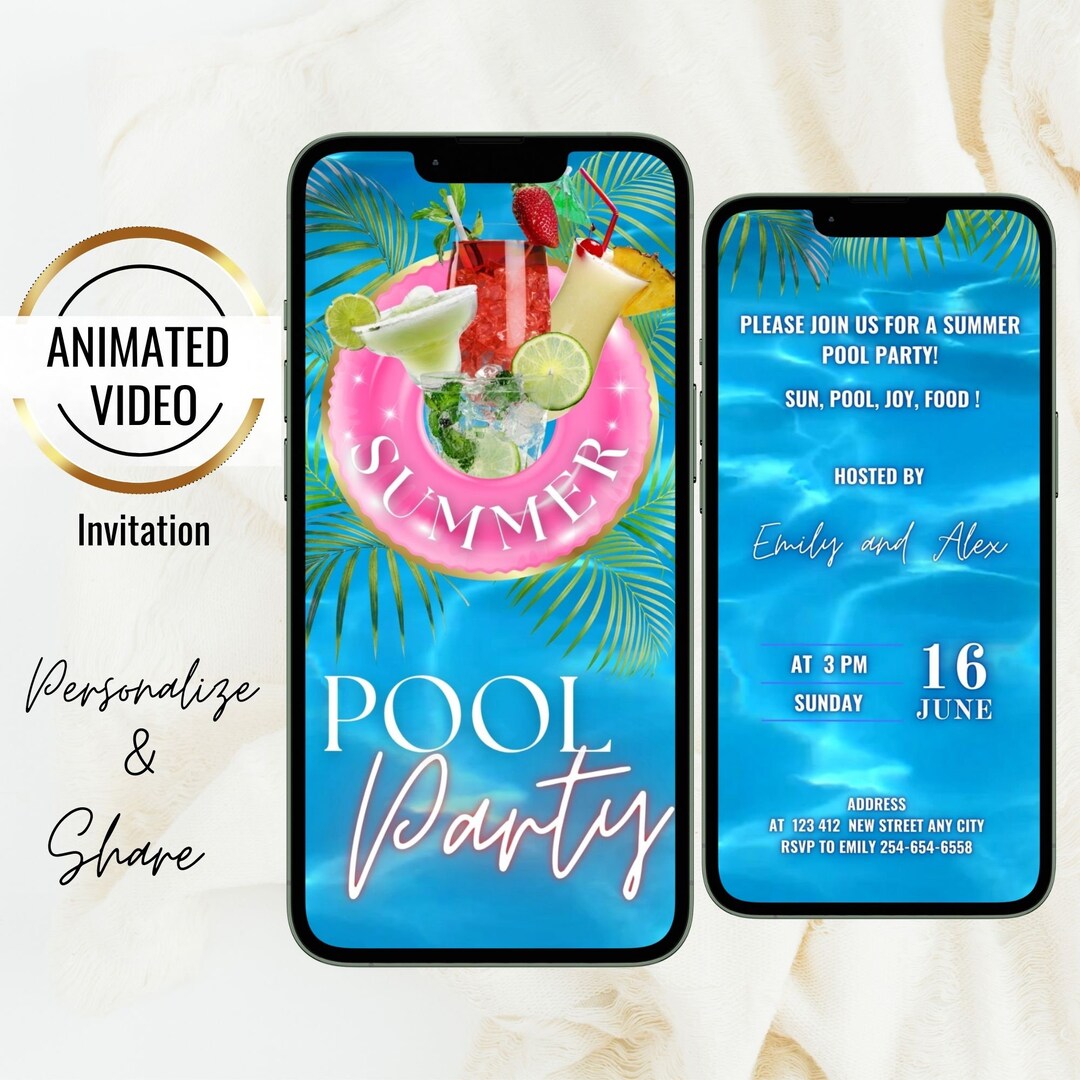 Animated Cocktails Pool Party Invitation, End of Summer Pink Pool Float ...
