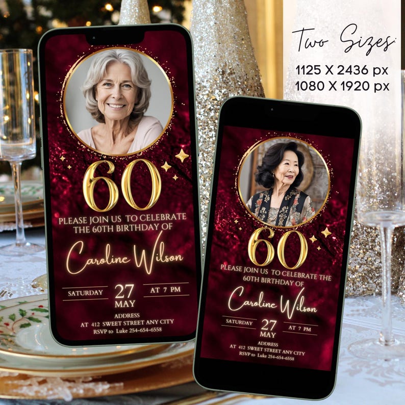 Maroon 60th Birthday Animated Photo Invitation, Digital Gold Birthday ...