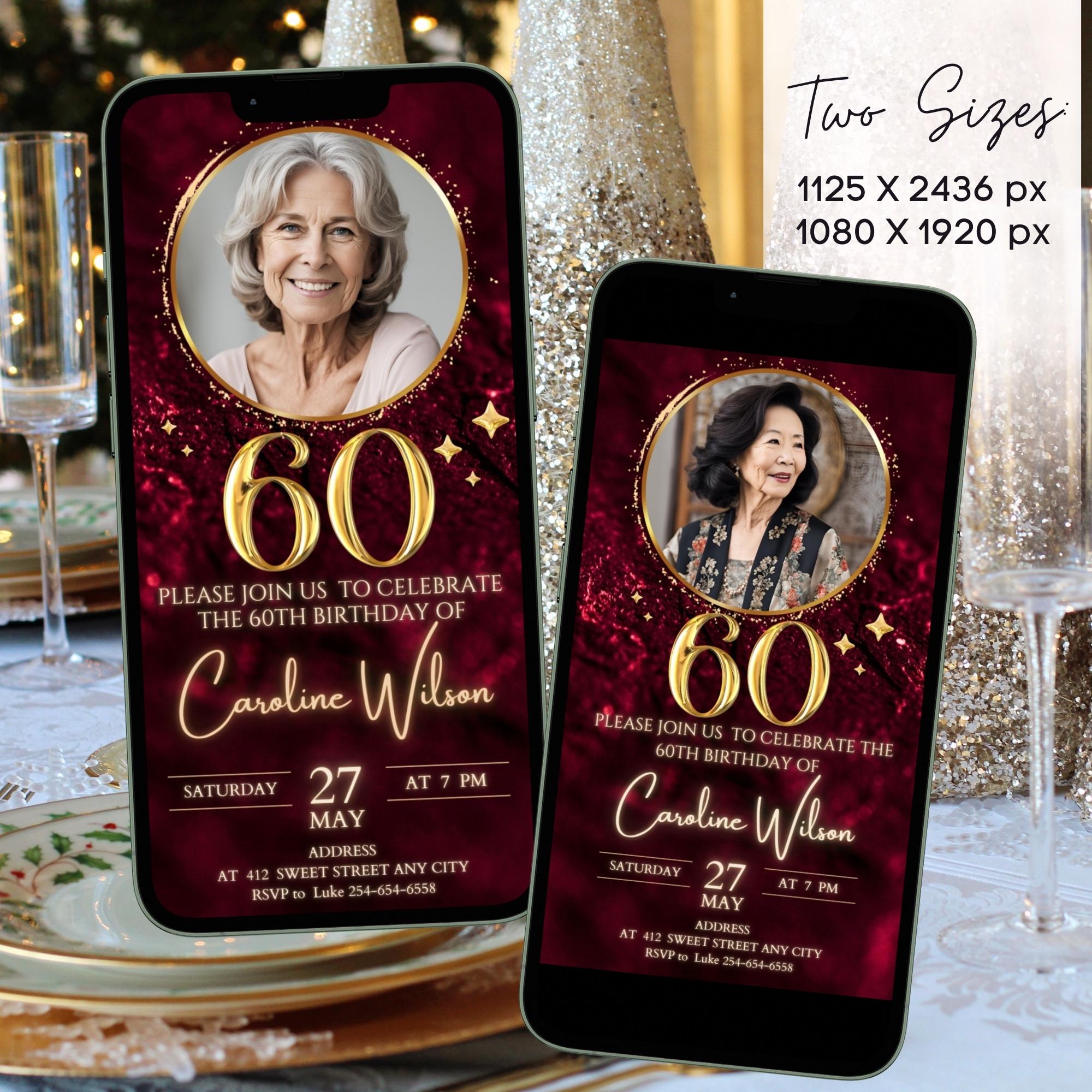 Maroon 60th Birthday Animated Photo Invitation, Digital Gold Birthday ...
