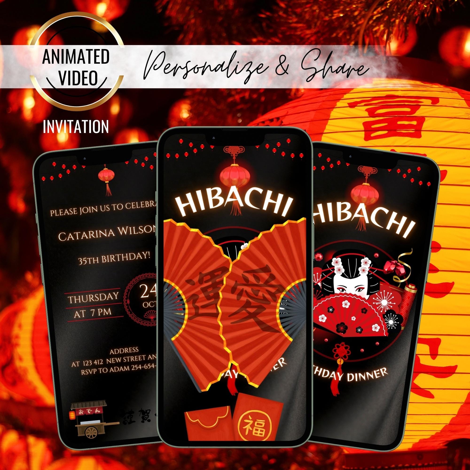 Animated Japanese Fan Hibachi Dinner Invitation, Digital Birthday ...