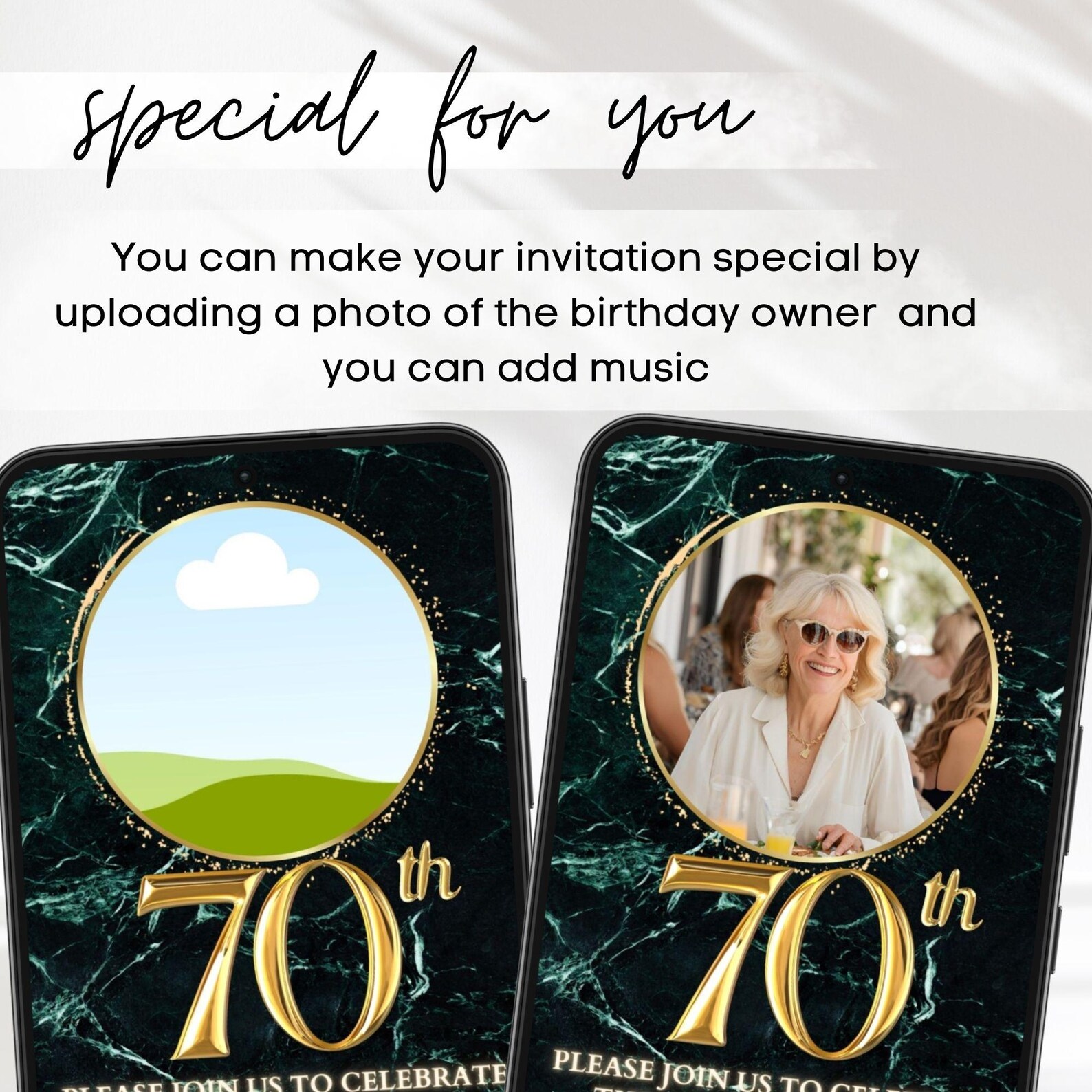 Animated Green Gold 70th Birthday Photo Invitation, Digital 70th ...