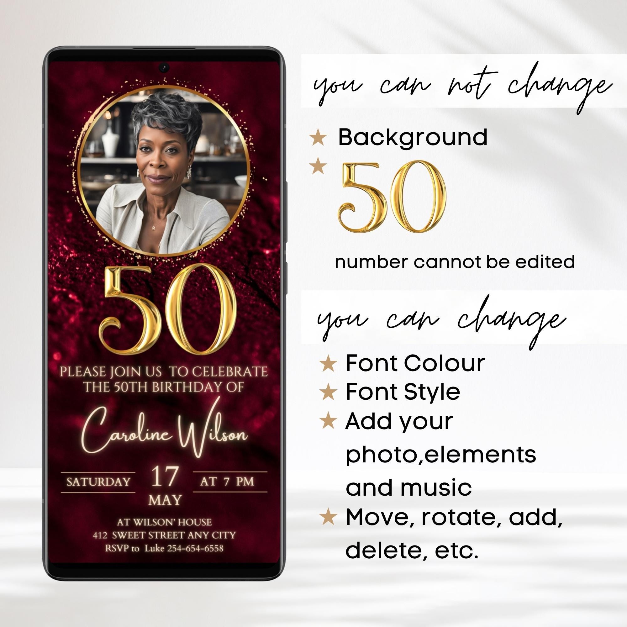 Animated Maroon 50th Birthday Photo Invitation, Digital Gold 50th ...