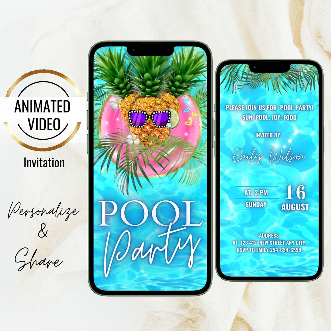 Pineapple Pool Party Animated Invite, Tropical Invitation, Pink Swim ...