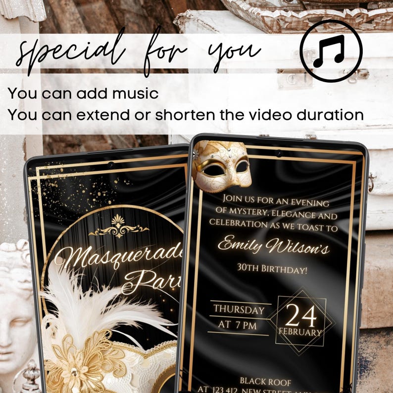 Black & Gold Masquerade Party Invitation, White Mask Masquerade ...