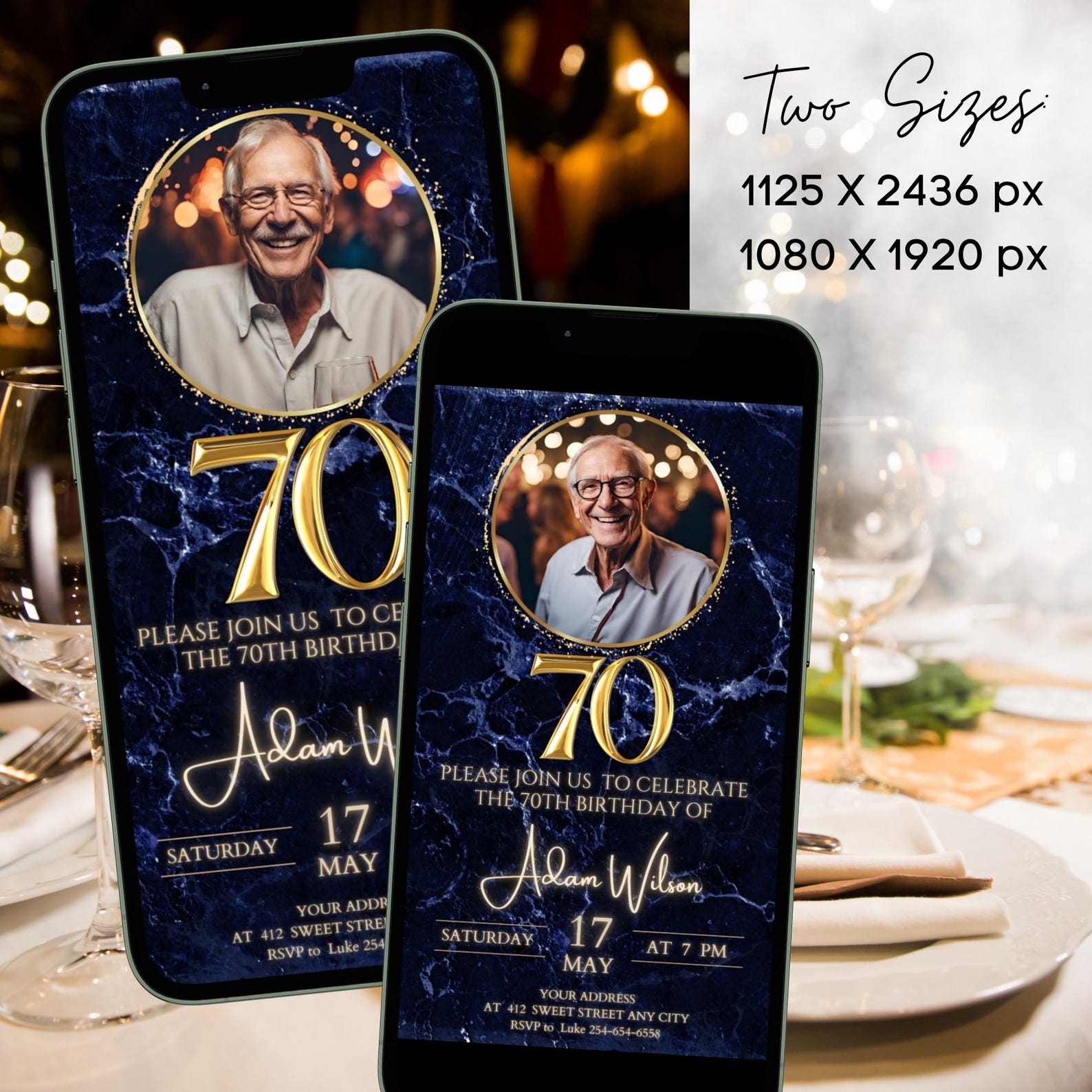Animated Navy Blue 70th Birthday Photo Invitation, Editable Text Gold ...