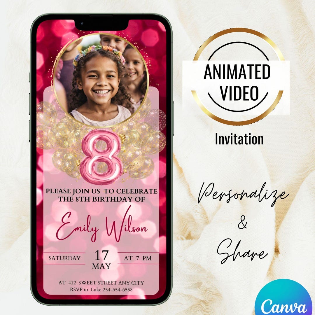 Animated Pink Lights 8TH Birthday Photo Invitation, Digital Balloon 8th ...