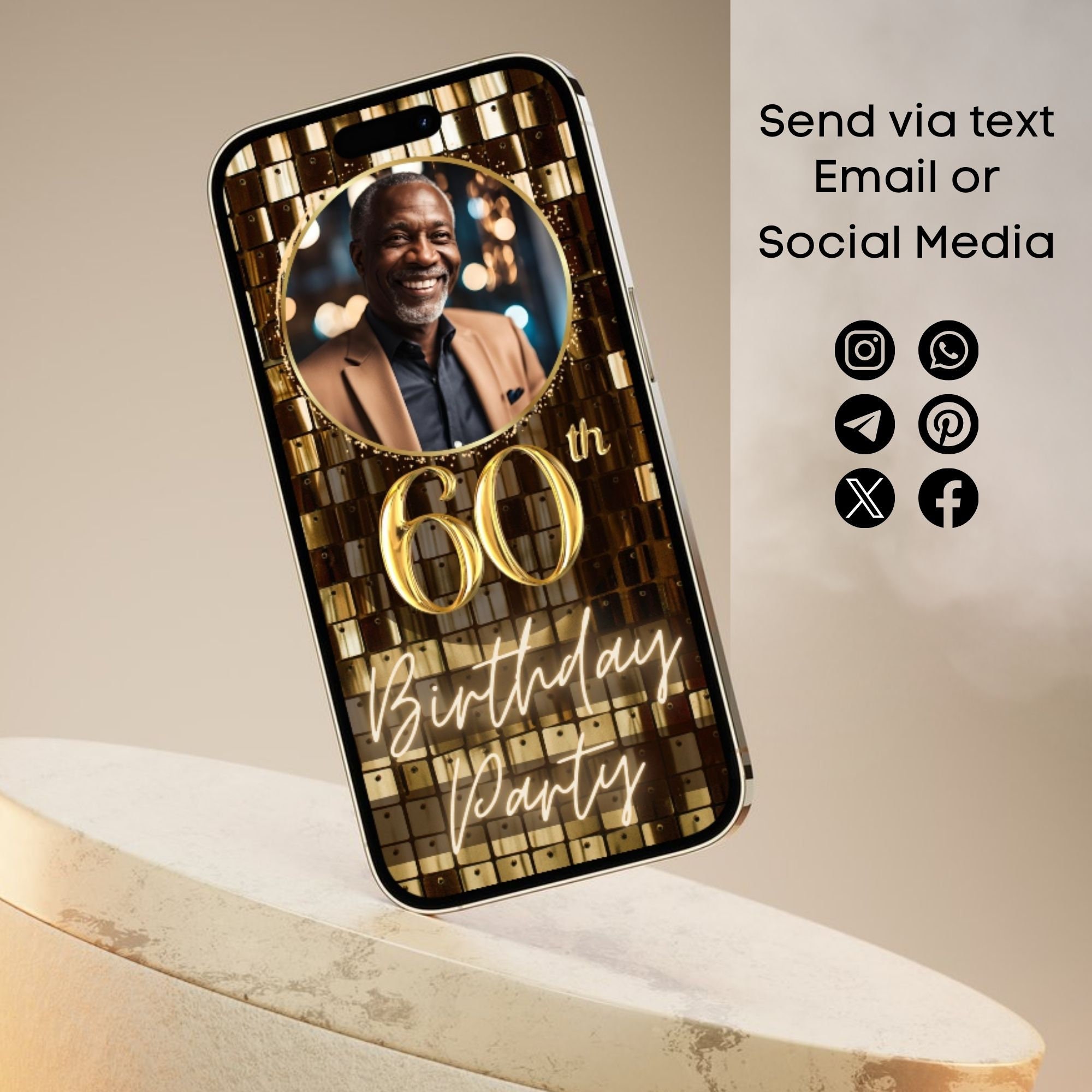 Animated Black Gold 60th Birthday Photo Invitation, Editable Digital ... Animated Black Gold 60th Birthday Photo Invitation, Editable Digital ...