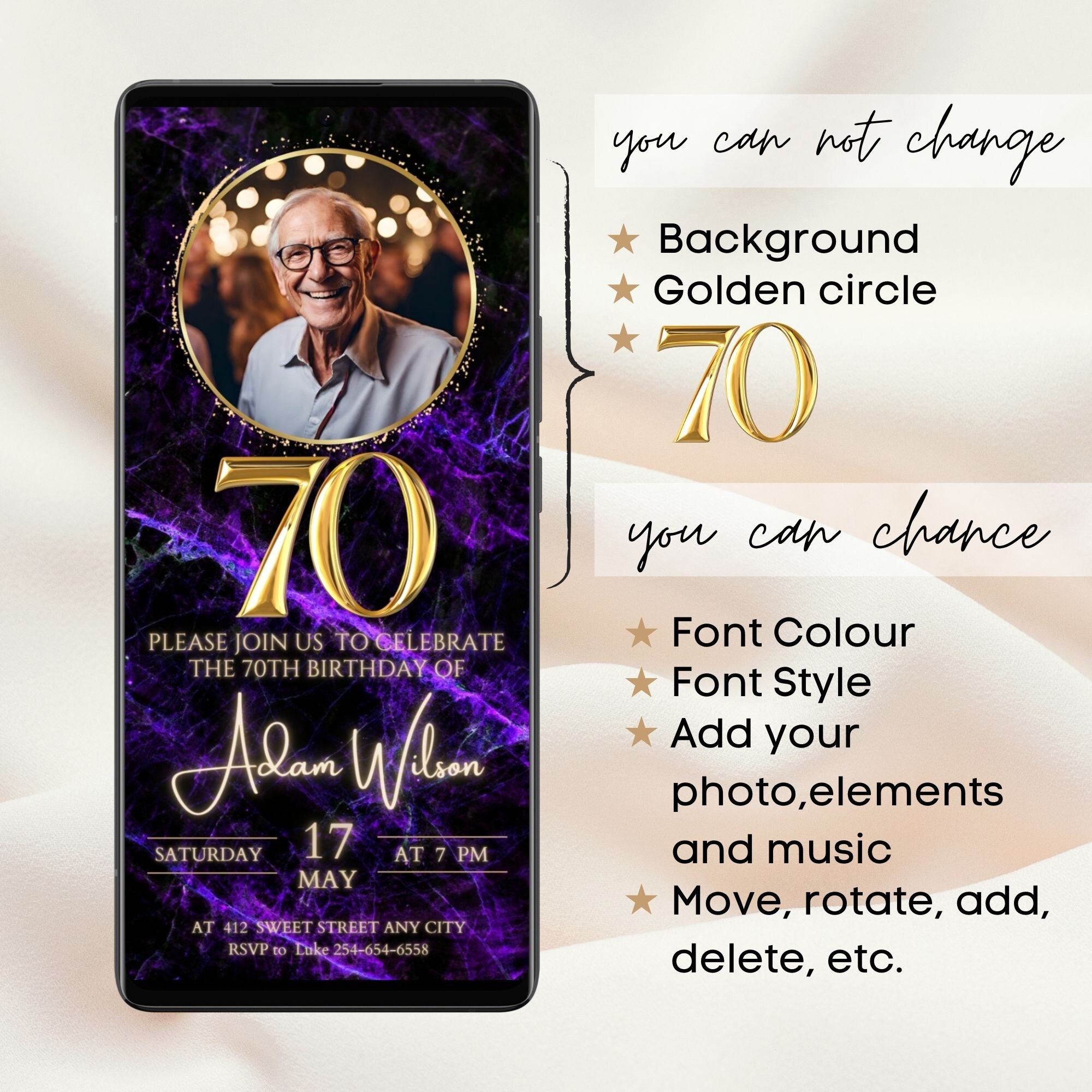 Animated Purple Gold 70th Birthday Photo Invitation, Digital 70th ...