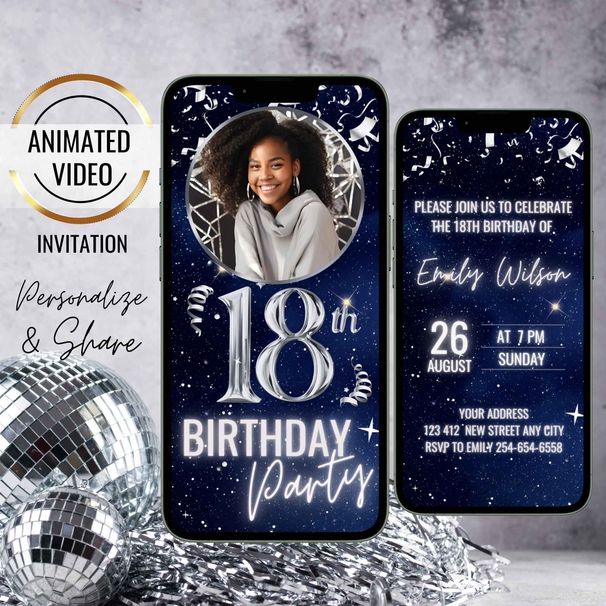 Night Sky Silver 18th Birthday Photo Digital Invitation, Editable Text ...