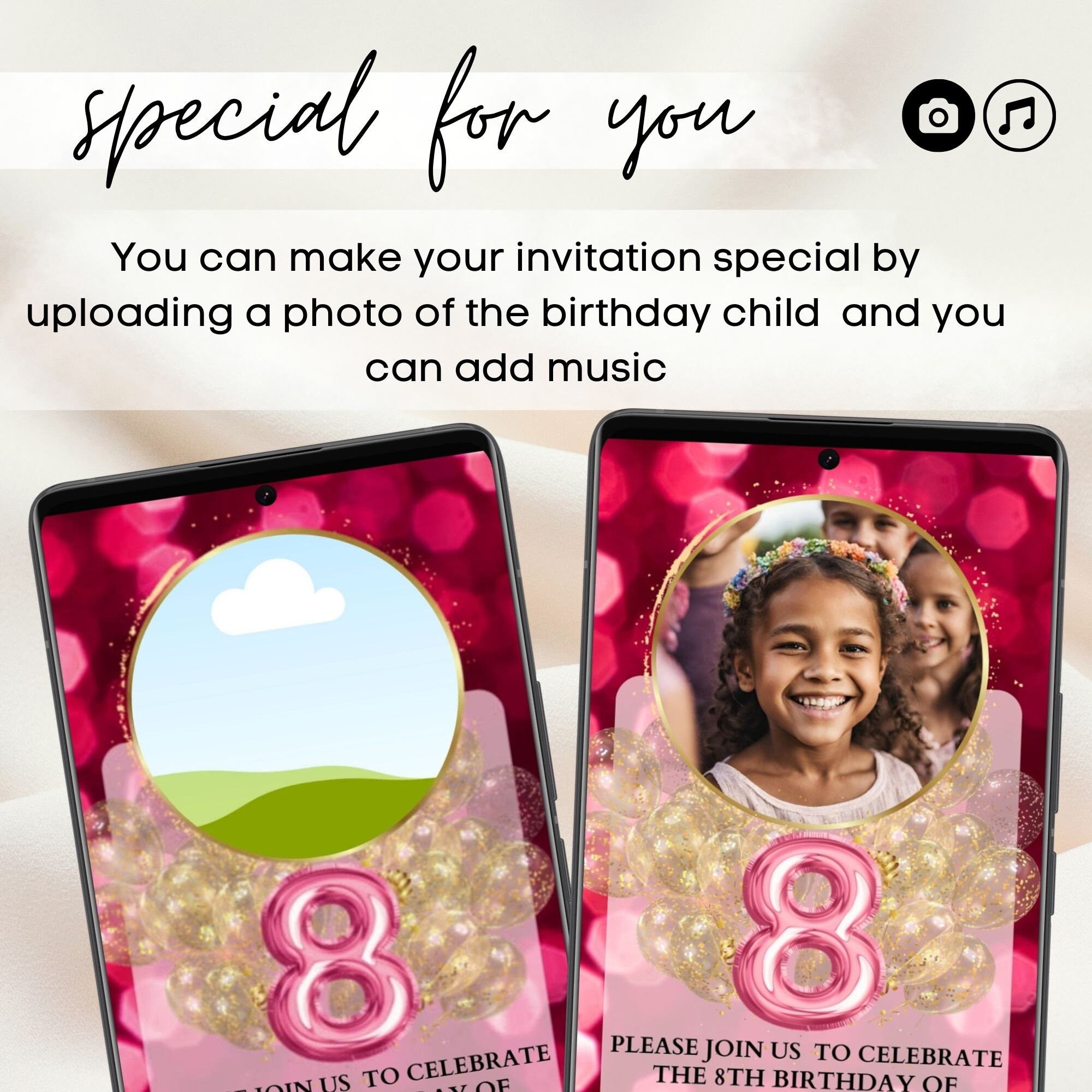Animated Pink Lights 8TH Birthday Photo Invitation, Digital Balloon 8th ...