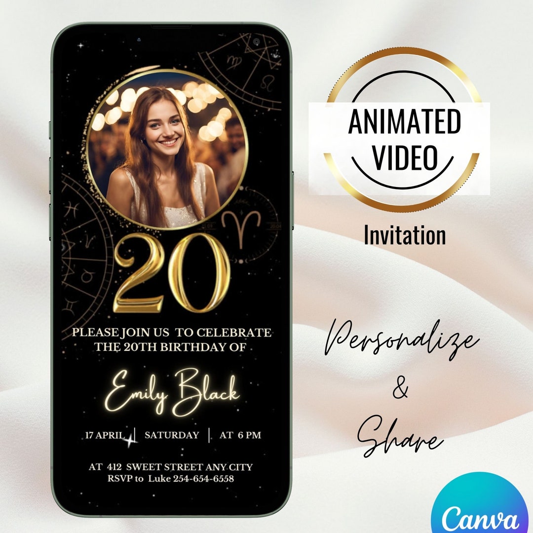 Digital Aries Sign 20th Birthday Photo Invitation, Animated Astrology ...