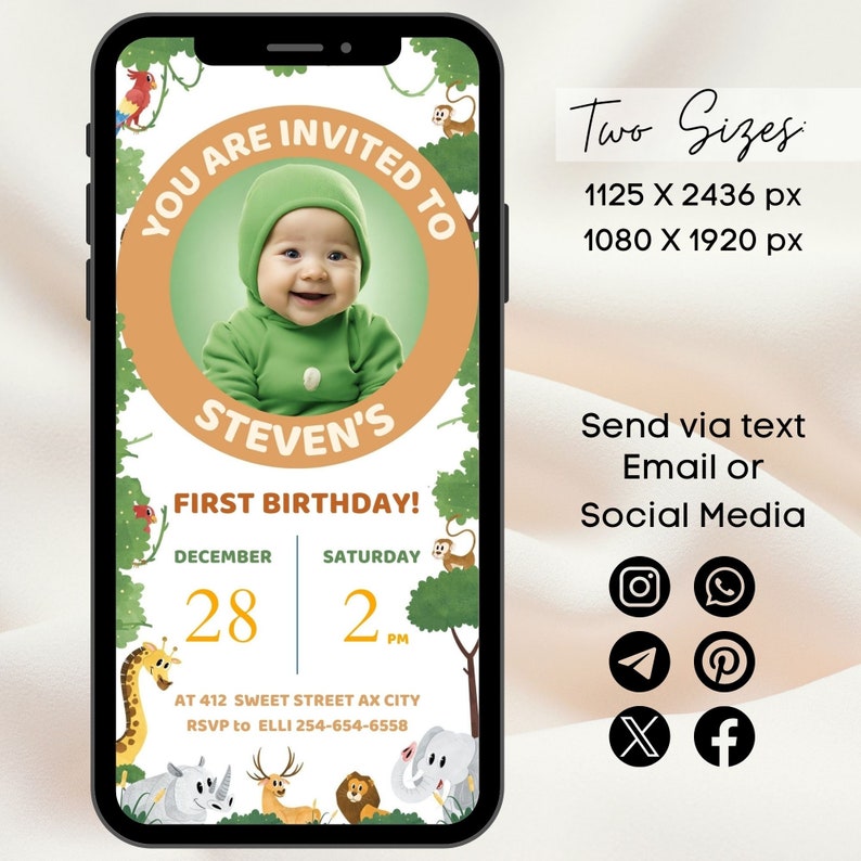 Editable Safari First Birthday Photo Invitation, Digital Jungle 1 St ...