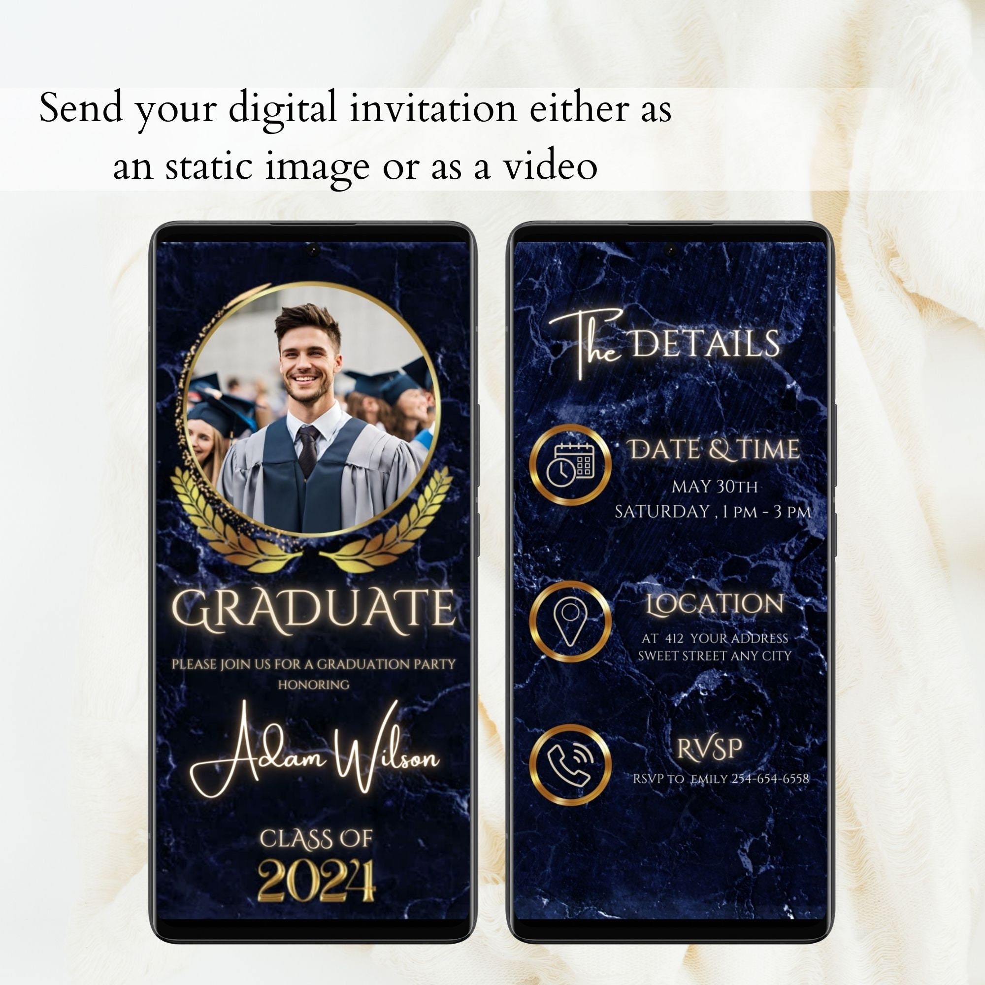 Digital Navy Blue Gold Graduation Party Photo Invitation, Animated 2024 ...