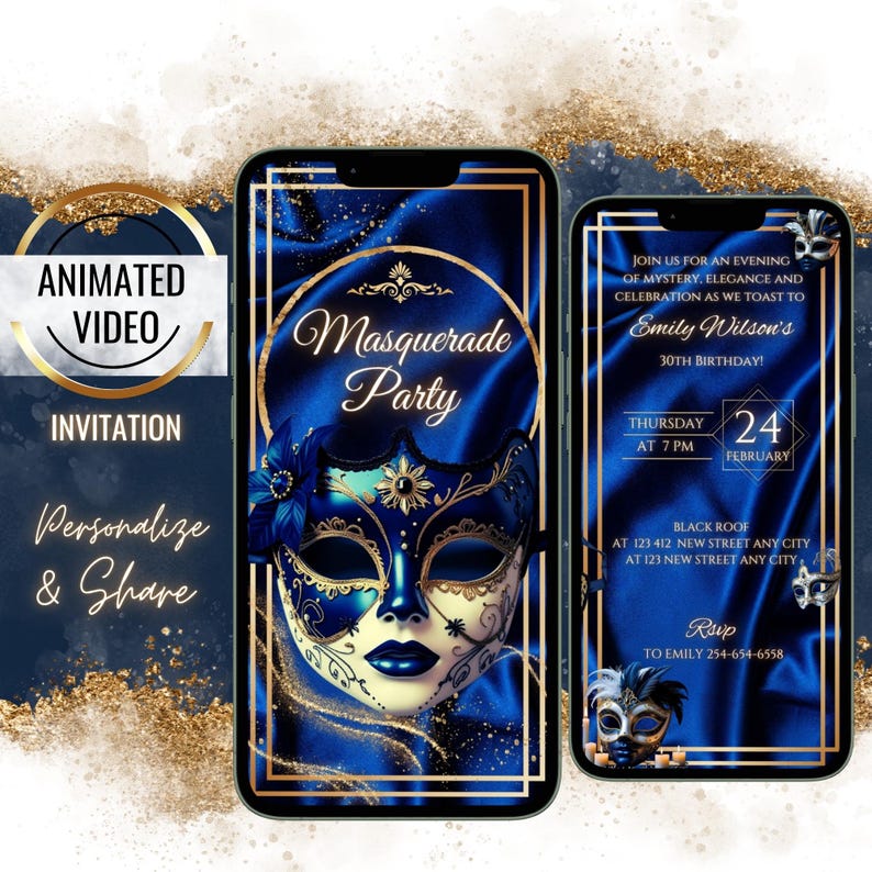 Royal Blue Masquerade Party Invitation, Video Masquerade Birthday Party ...