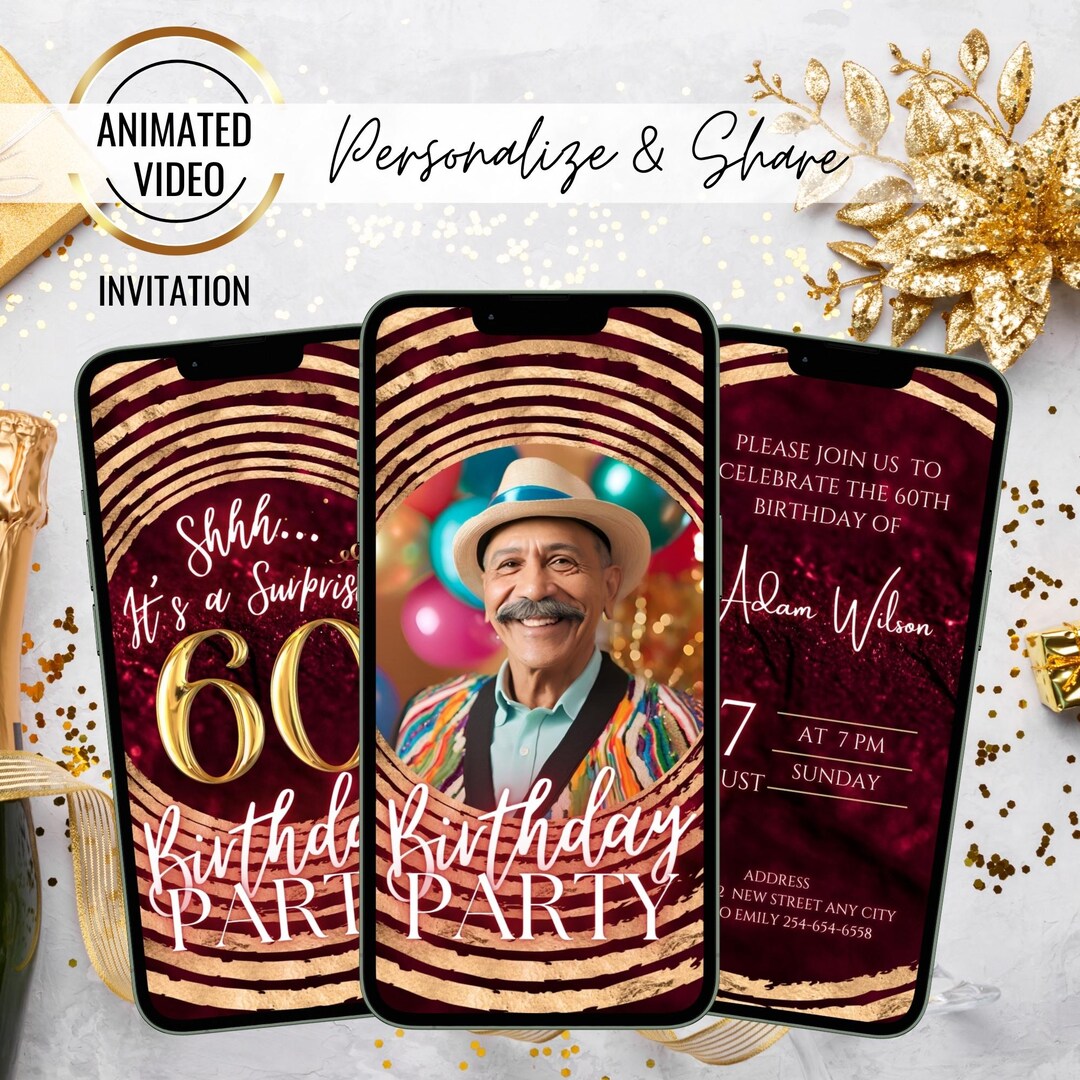 Surprise 60th Birthday Invitation: Maroon & Gold, Photo Invite (digital ...
