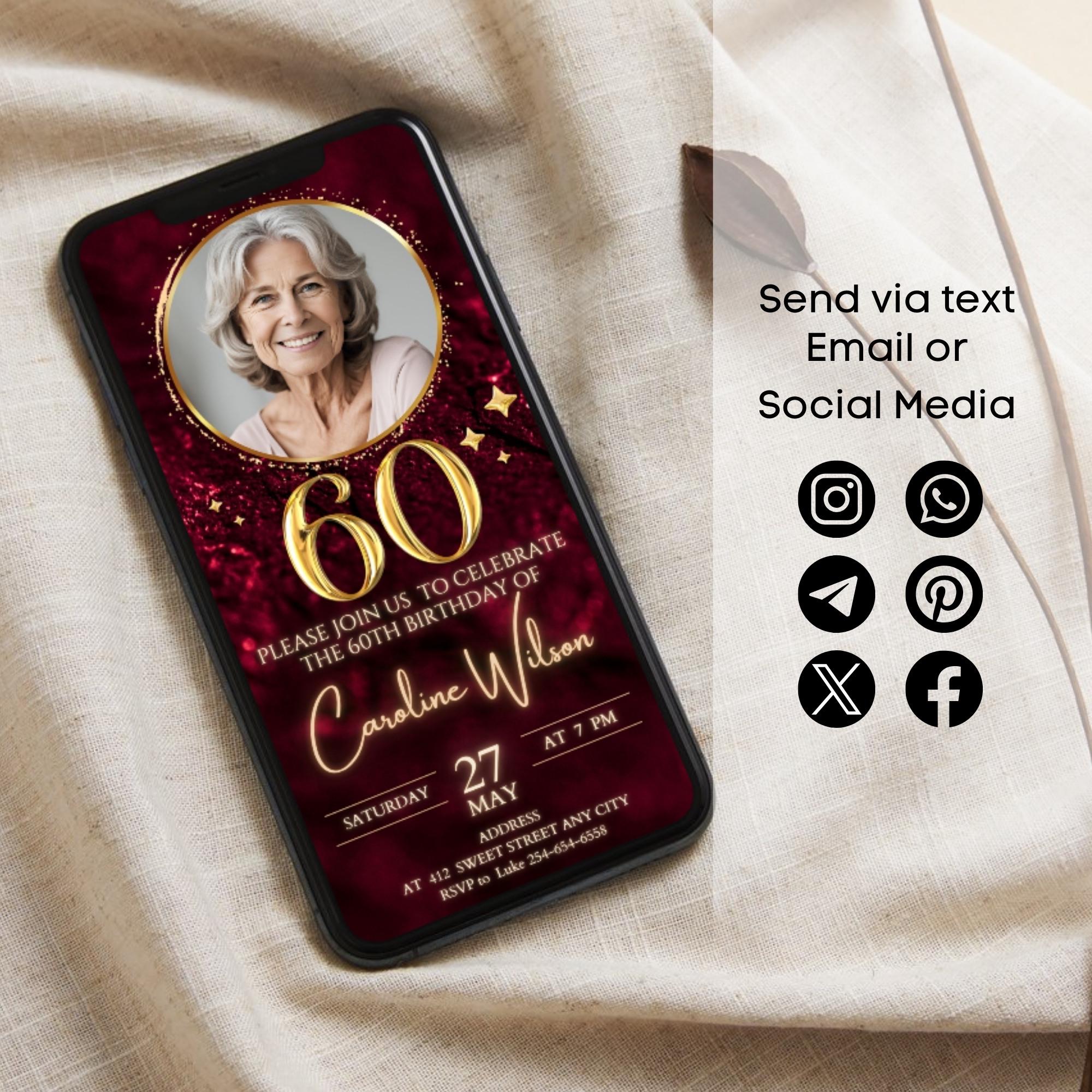 Maroon 60th Birthday Animated Photo Invitation, Digital Gold Birthday ...