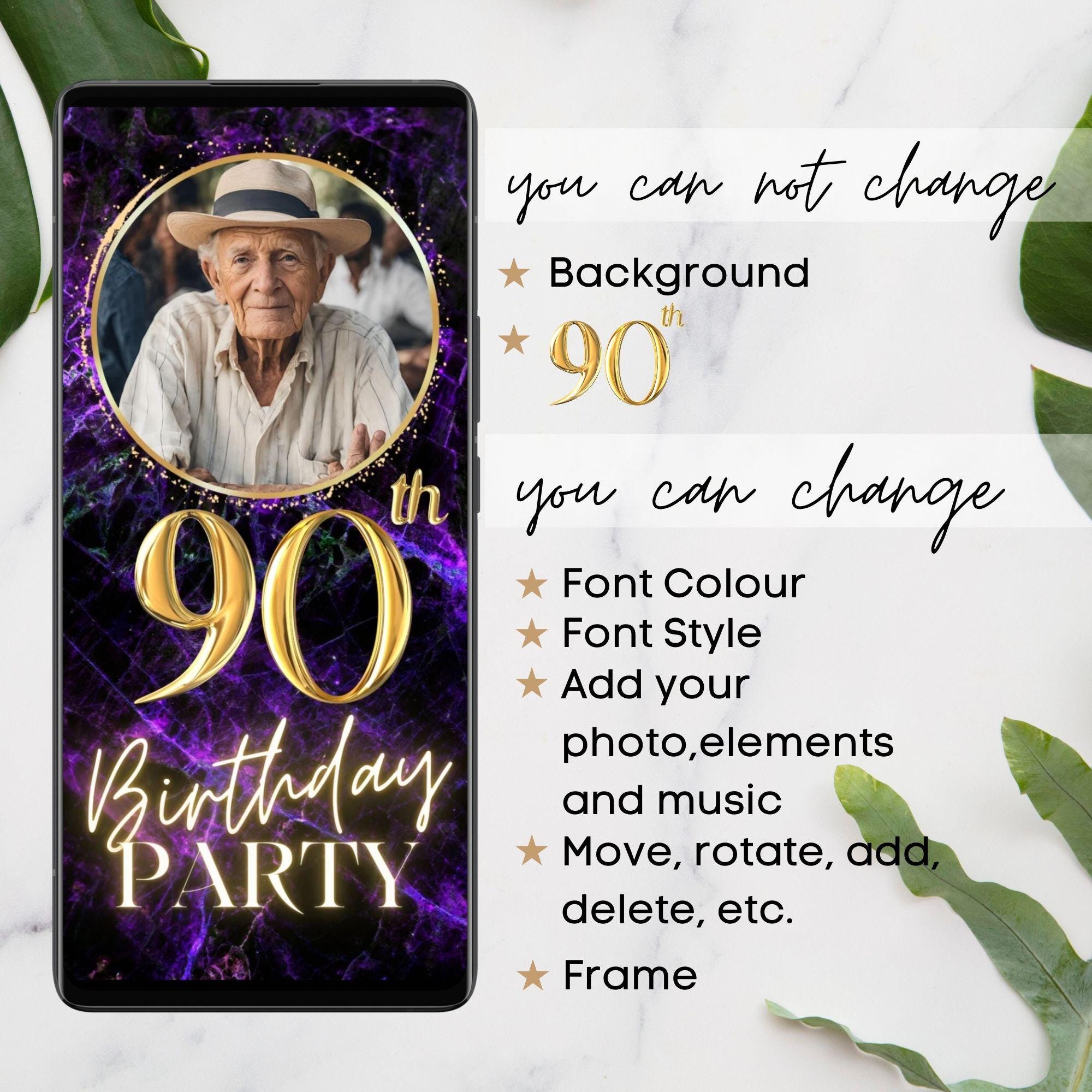 Purple Animated 90th Birthday Photo Invitation, Gold Glitter Birthday ...