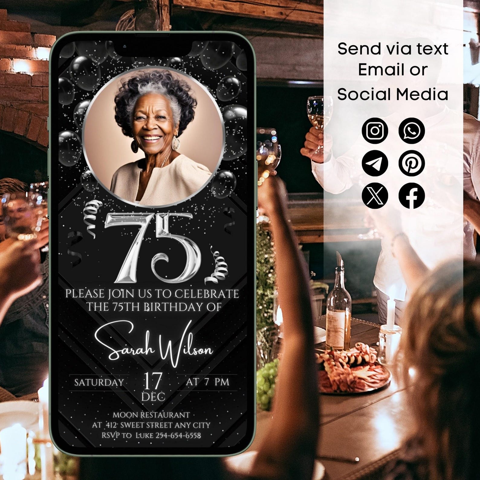 Black 75th Birthday Invitation, Silver Animated 75th Birthday Party ...