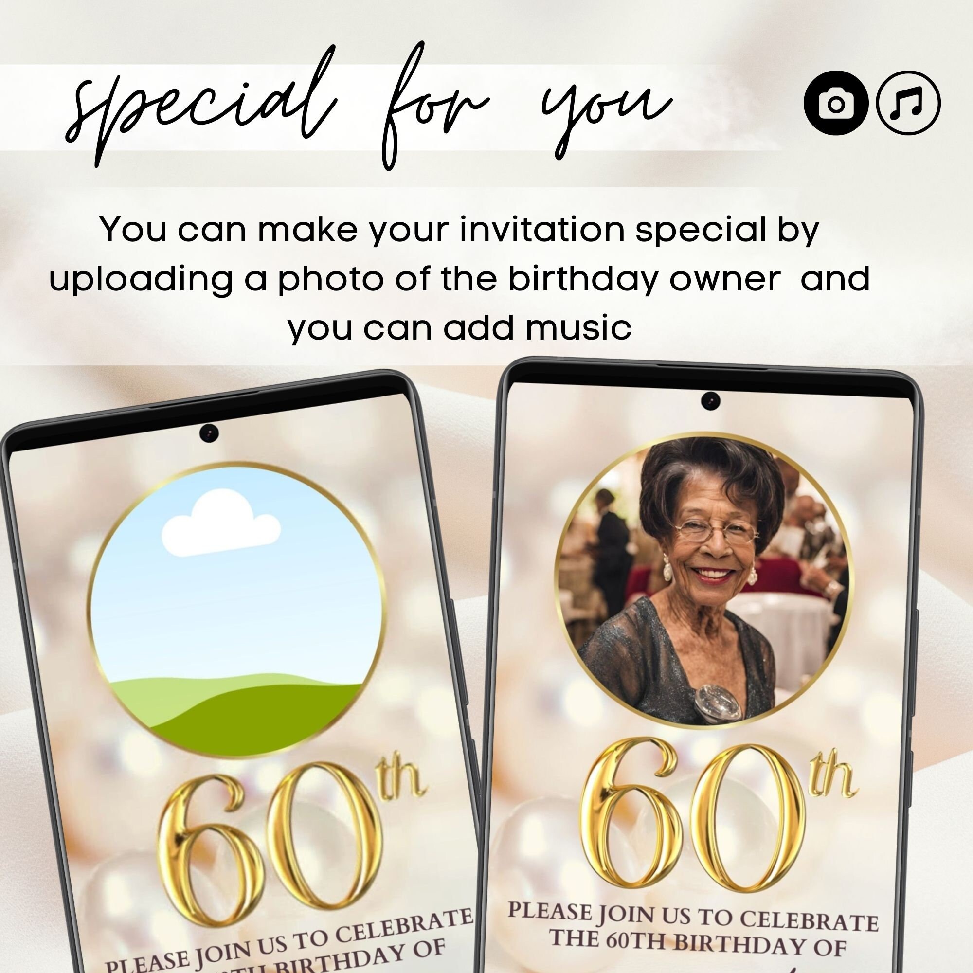 Pearl Animated Gold 60th Birthday Photo Invitation, Digital Elegant ...