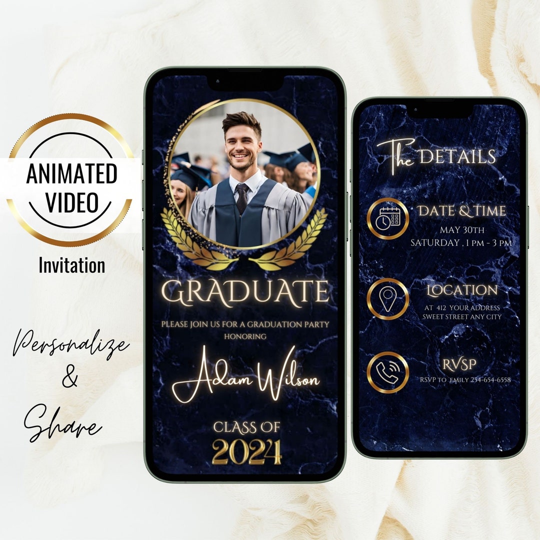 Digital Navy Blue Gold Graduation Party Photo Invitation, Animated 2024 ...