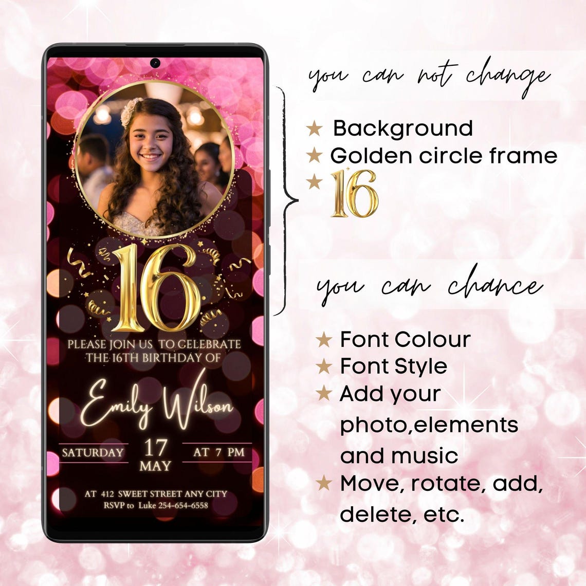 Digital Pink Lights 16TH Birthday Photo Invitation, Animated Sweet 16th ...