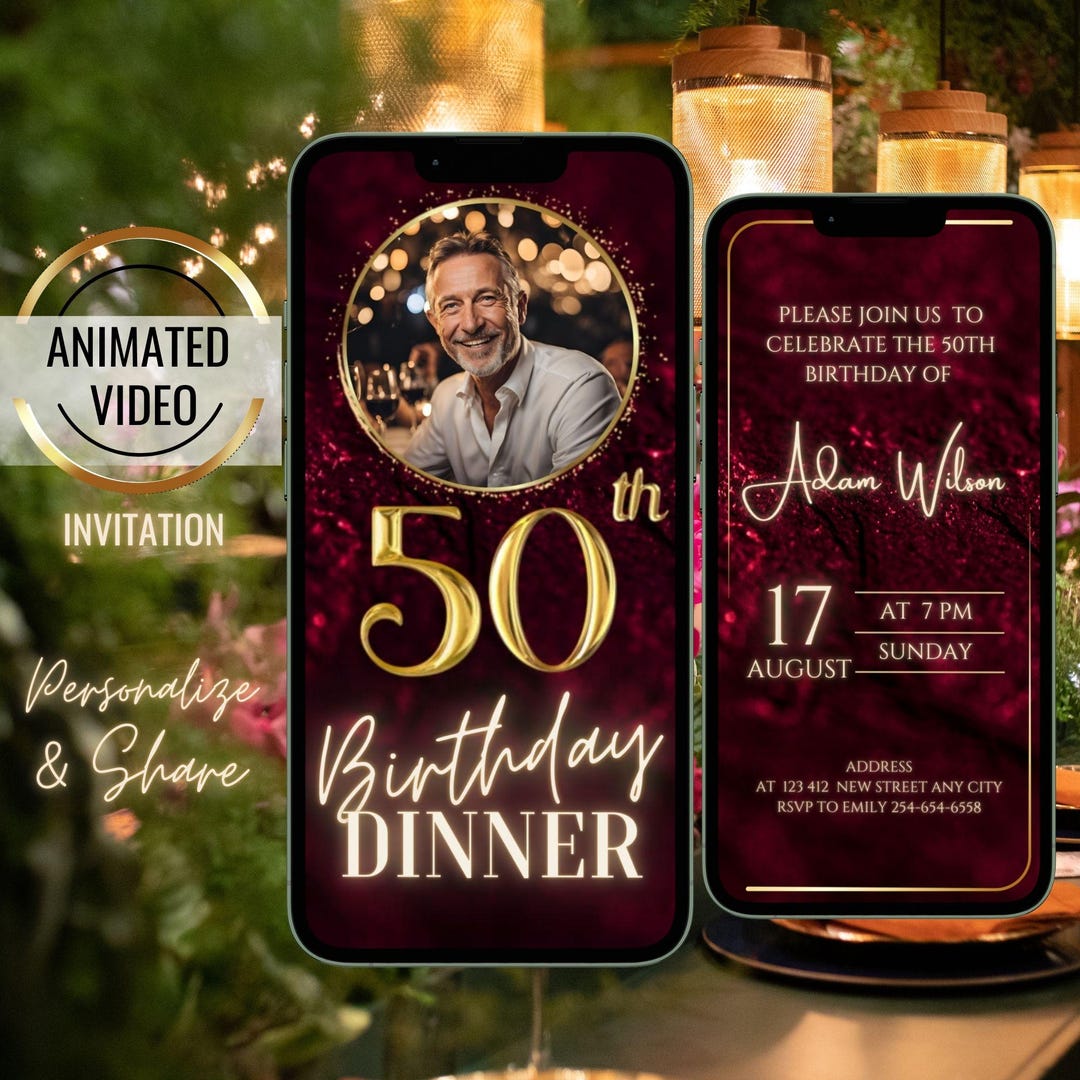 Animated Maroon 50th Birthday Dinner Photo Invitation, Gold 50th ...