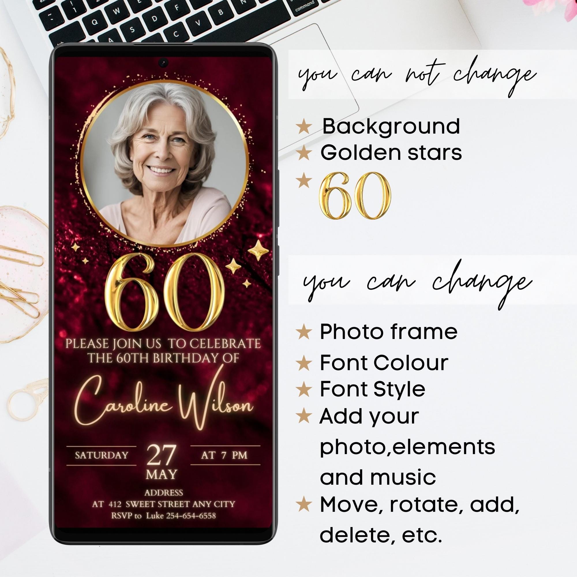 Maroon 60th Birthday Animated Photo Invitation, Digital Gold Birthday ...
