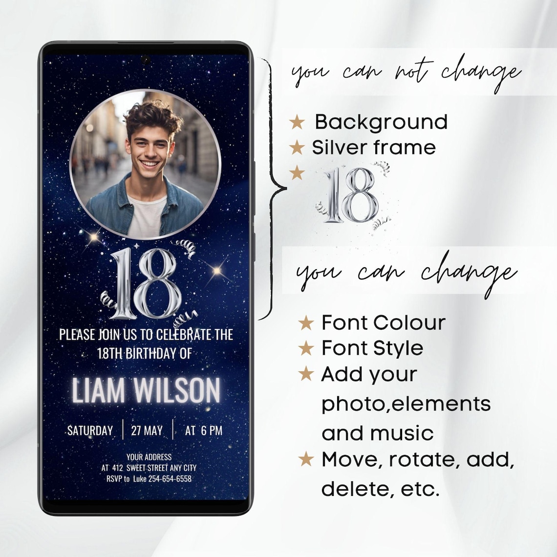 Animated Night Silver 18th Birthday Party Photo Invitation, Digital ...