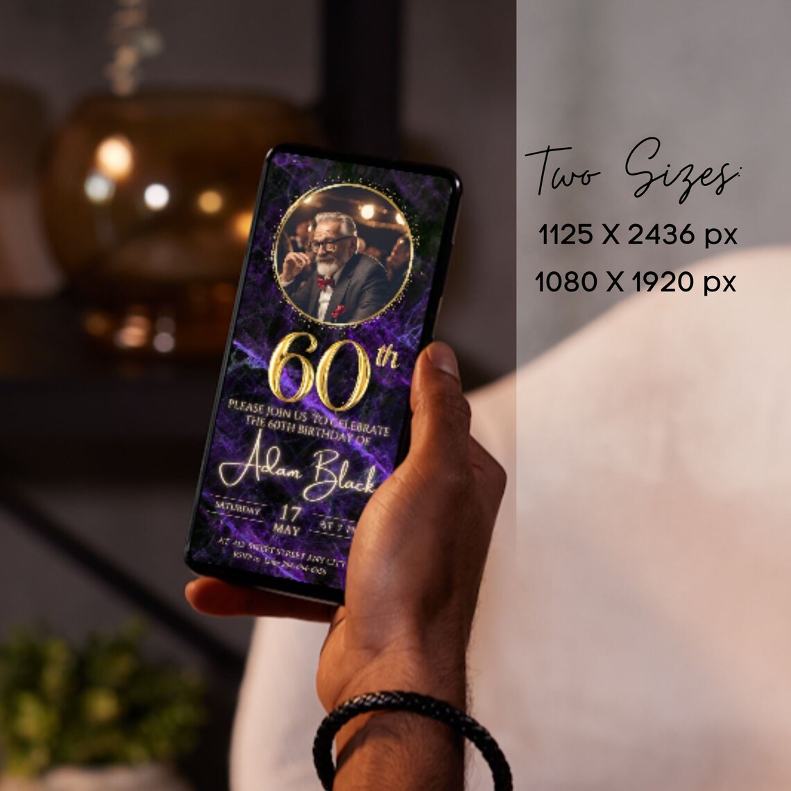 Animated Purple Gold 60th Birthday Photo Invitation, Editable Text ...