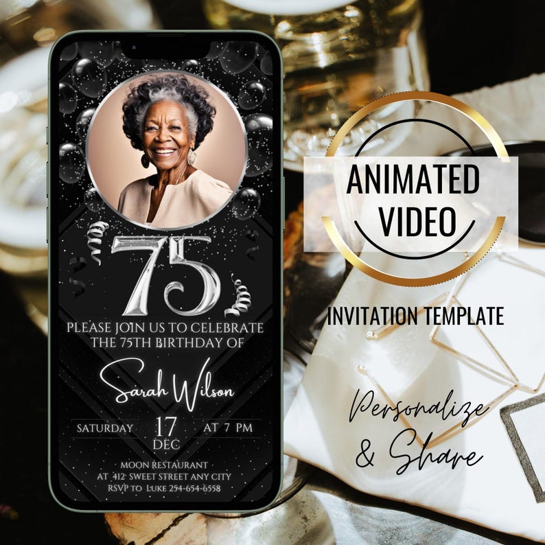 Black 75th Birthday Invitation, Silver Animated 75th Birthday Party ...