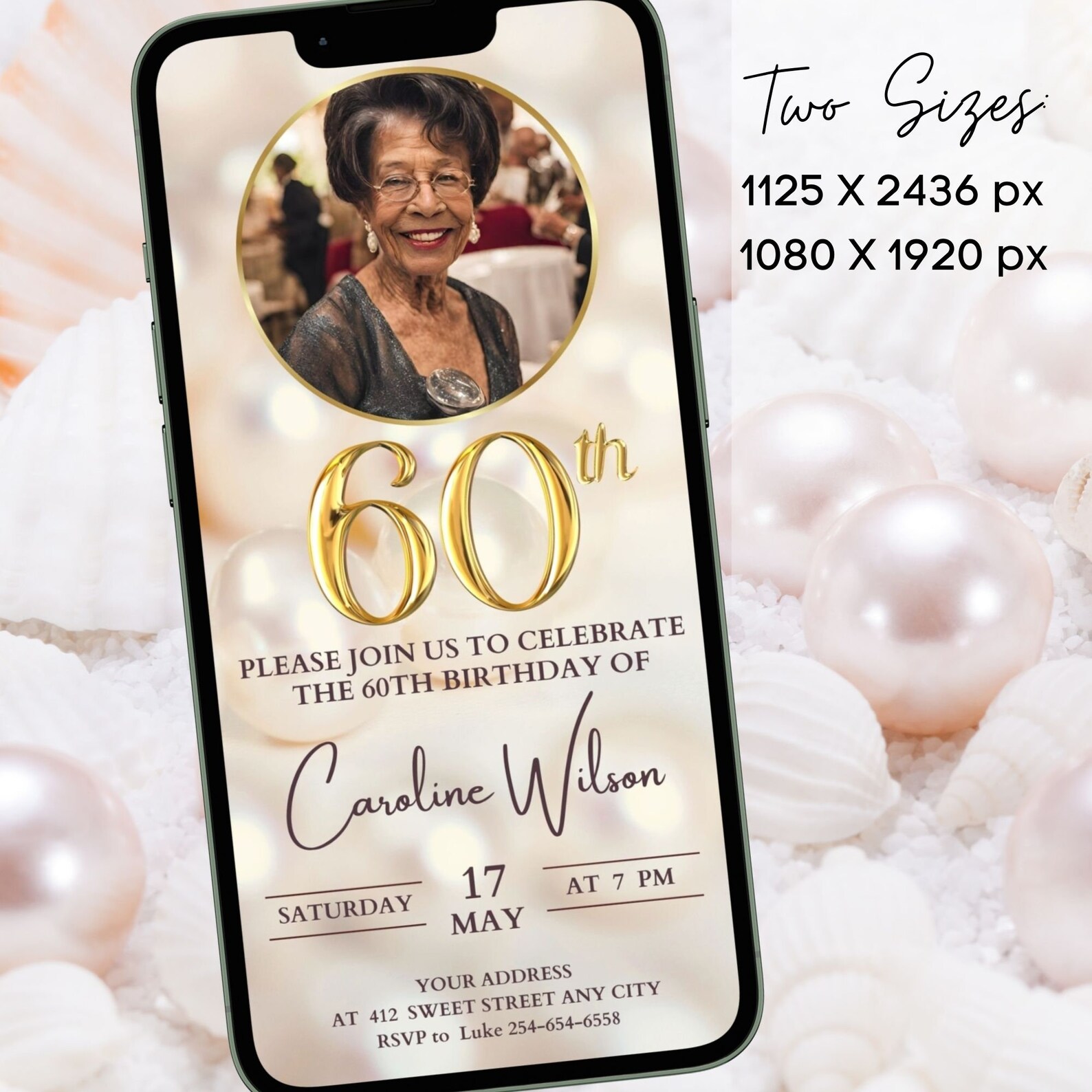 Pearl Animated Gold 60th Birthday Photo Invitation, Digital Elegant ...