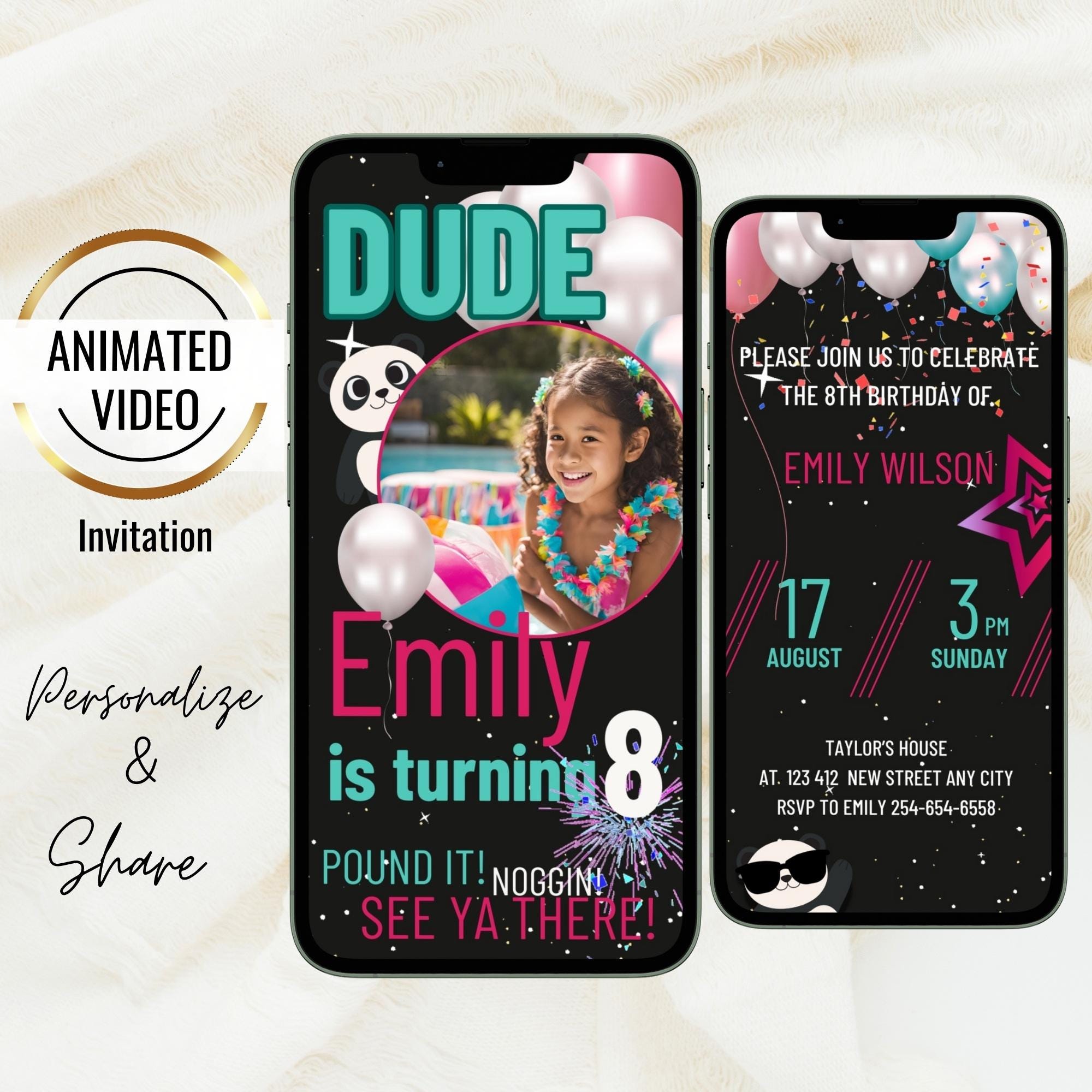 Animated Dude Birthday Photo Invitation, Pink Blue Black Perfect Party ...
