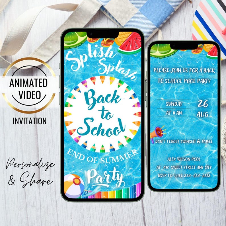 Animated Colored Crayons Back to School Pool Bash Invite, End of Summer Party Invitation, Splish ...