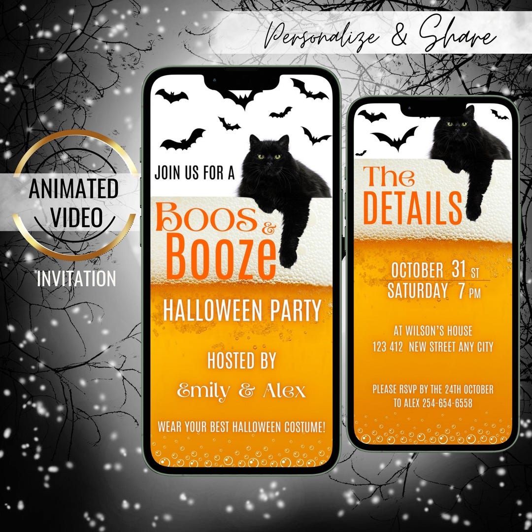 Cat Boos & Booze Digital Invitation, Animated Bats Halloween Party ...