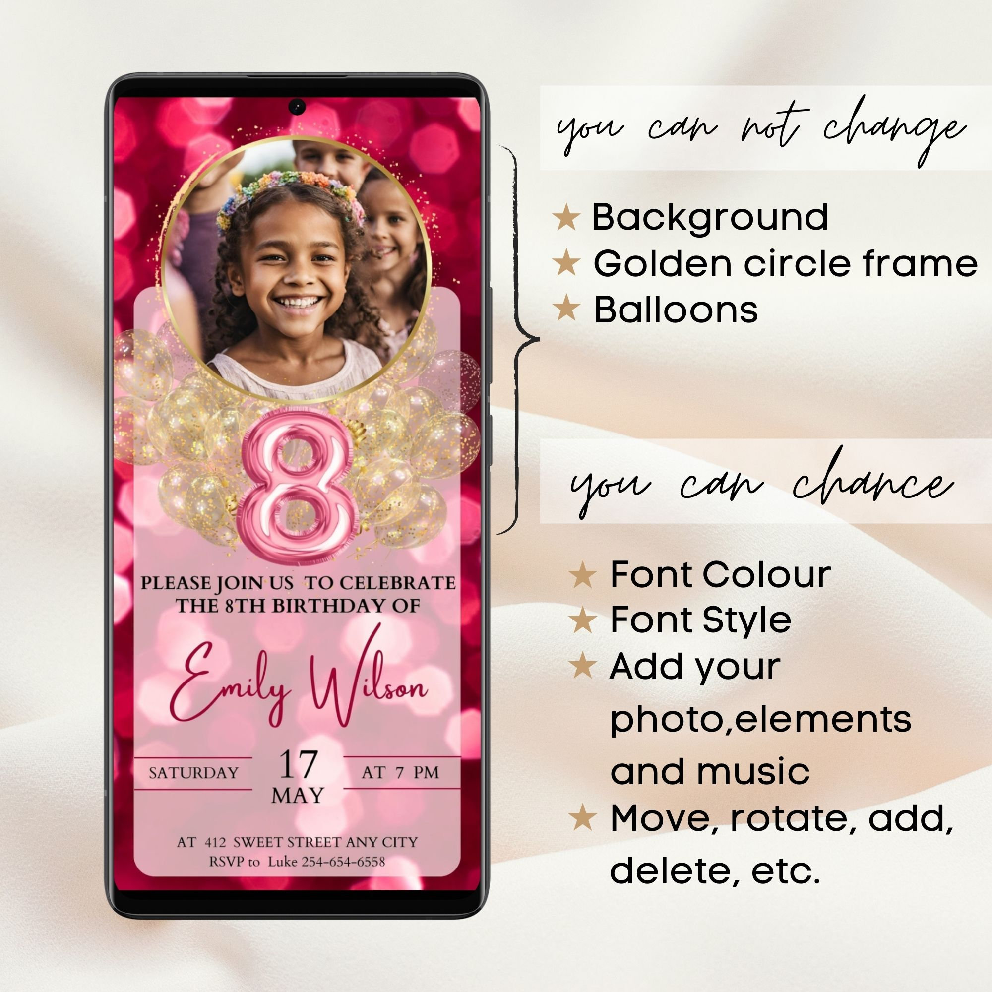 Animated Pink Lights 8TH Birthday Photo Invitation, Digital Balloon 8th ...