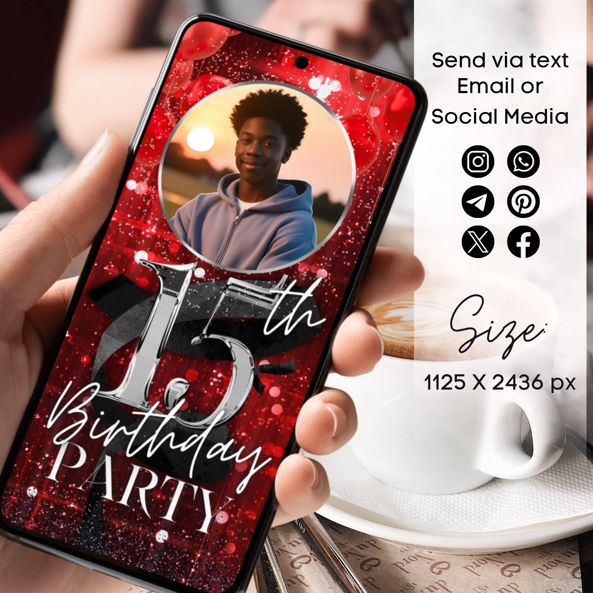 Black & Red 15th Birthday Invitation, Animated Silver Photo Invitation ...