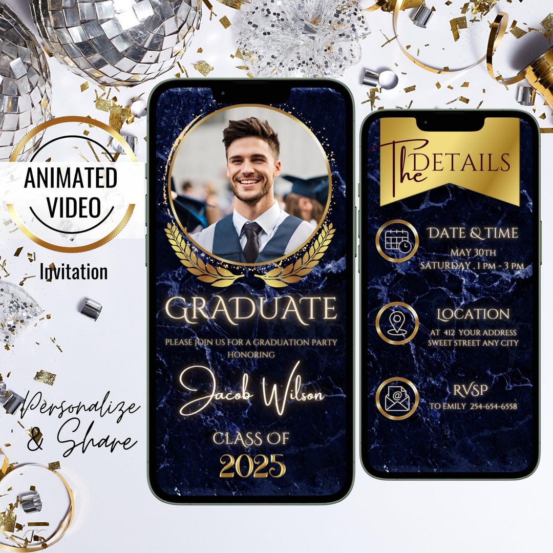 Digital Navy Blue Gold Graduation Party Photo Invitation, Animated 2025 ...