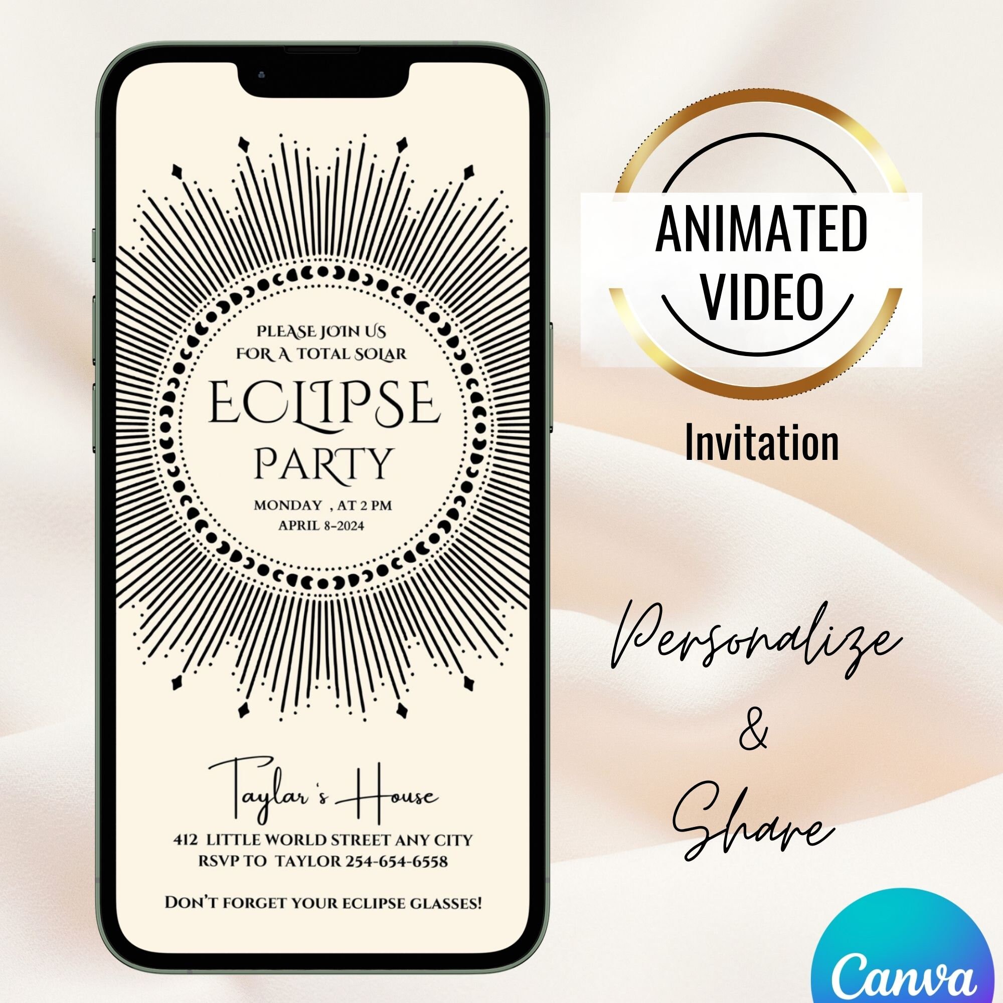 Minimalist Solar Eclipse 2024 Party Digital Invitation, Editable ...