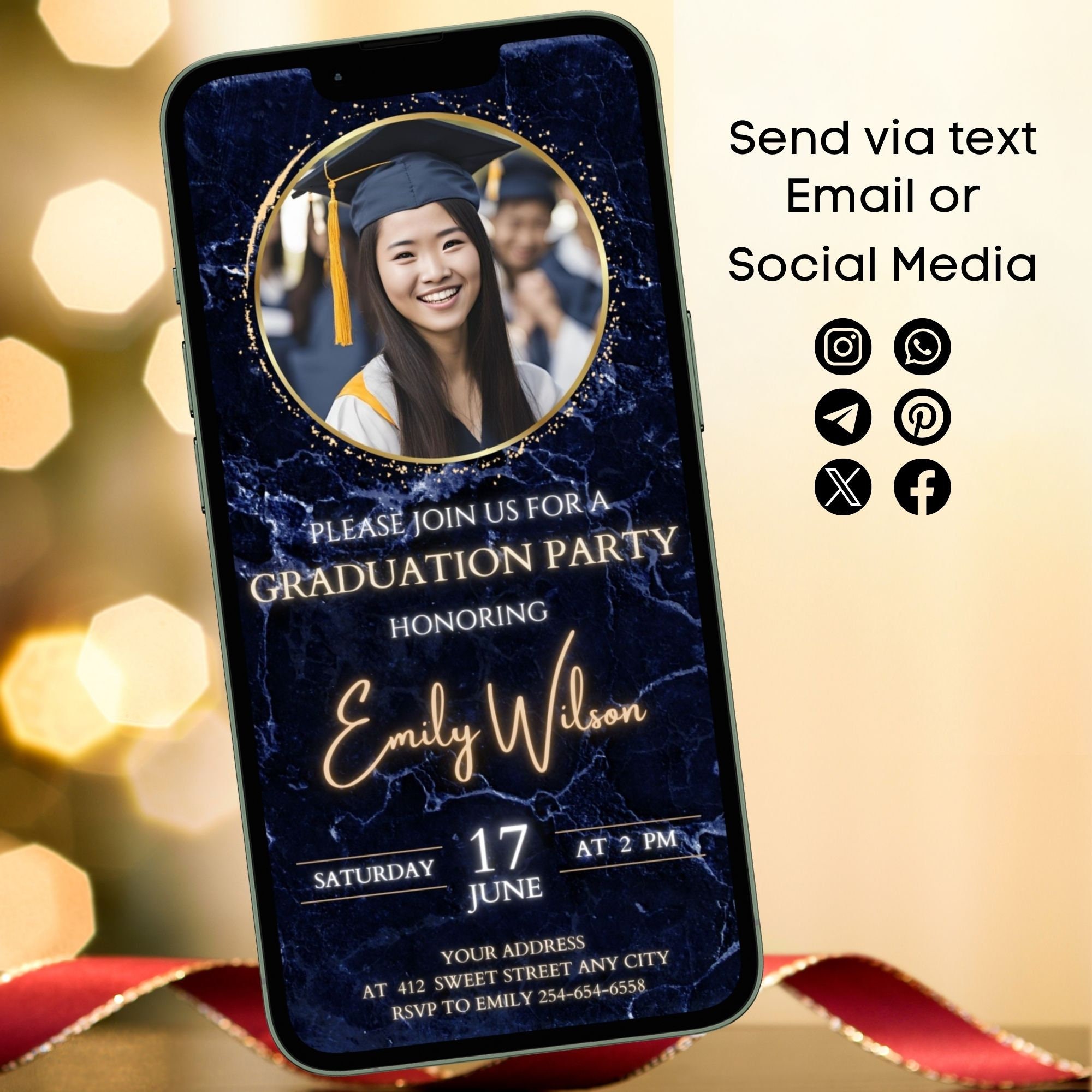 Digital Navy Blue Gold Graduation Party Photo Invitation, Animated 2024 ...