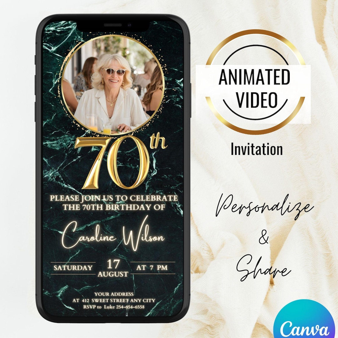 Animated Green Gold 70th Birthday Photo Invitation, Digital 70th ...