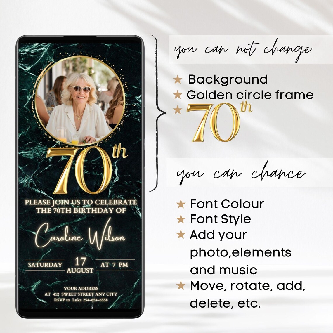 Animated Green Gold 70th Birthday Photo Invitation, Digital 70th ...