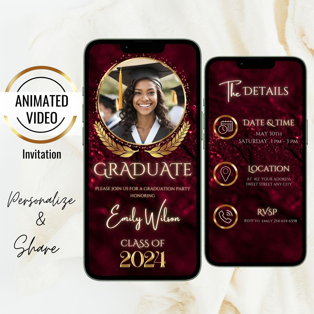 2024 Maroon Gold Graduation Party Photo Invitation, Animated Grad ...