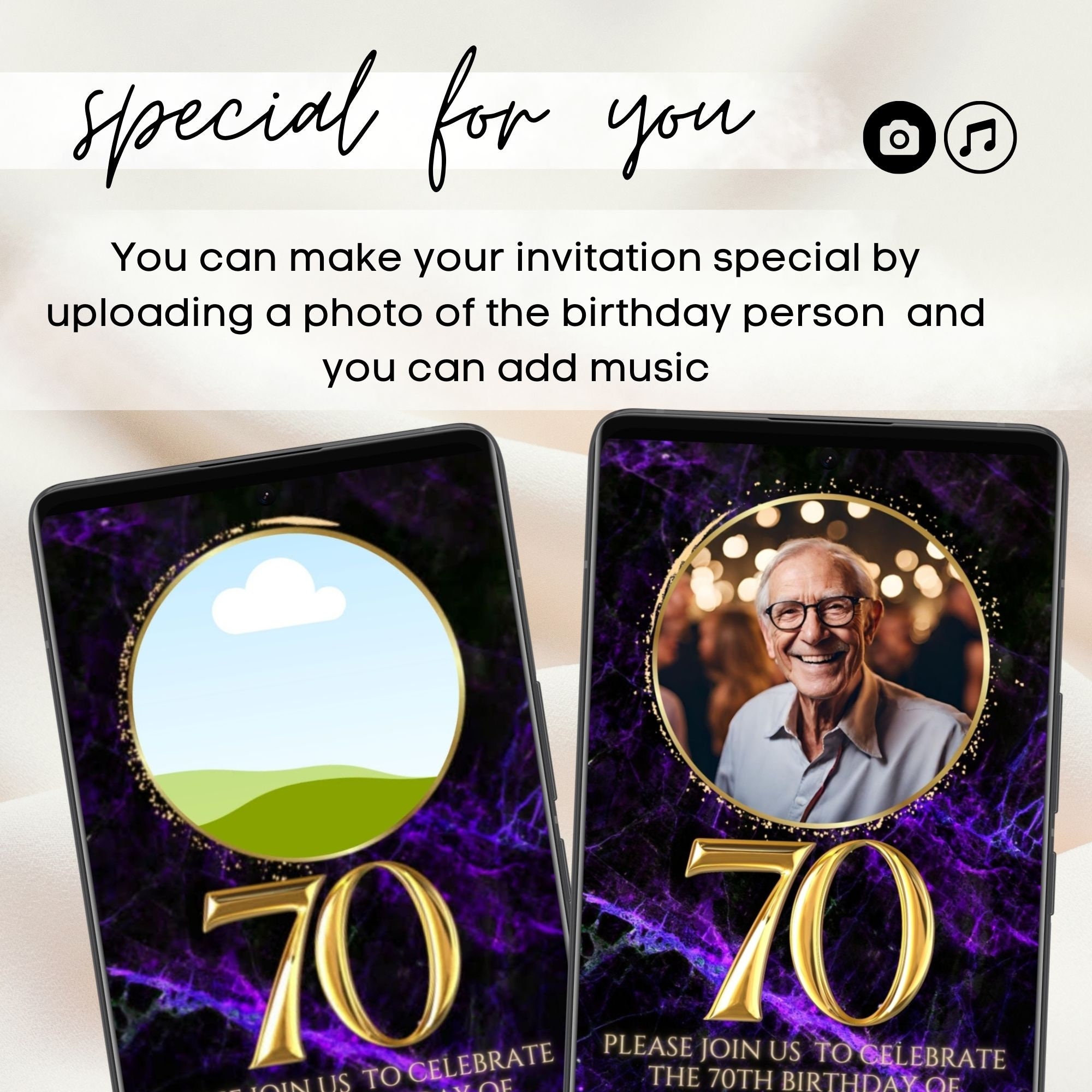 Animated Purple Gold 70th Birthday Photo Invitation, Digital 70th ...