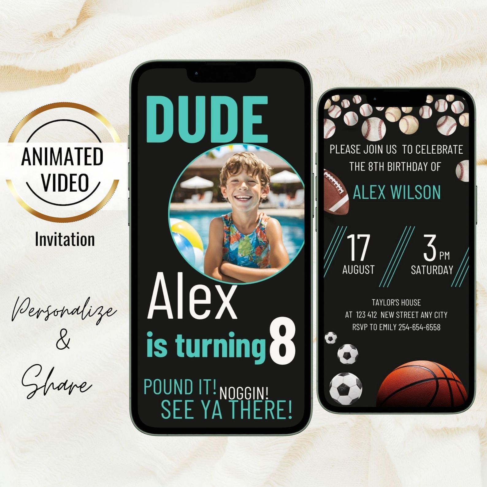 Animated Dude Birthday Photo Invitation, Blue Black Perfect Party ...
